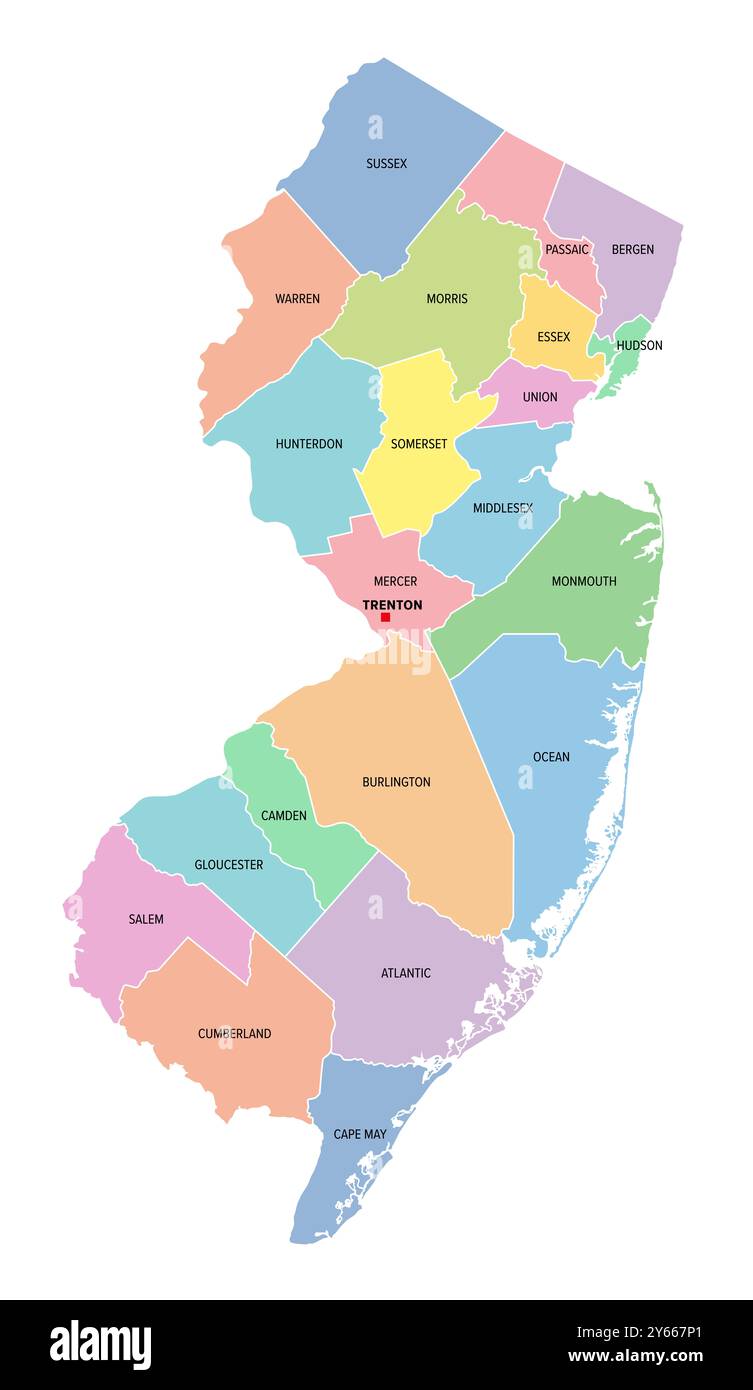 New Jersey, U.S. state, subdivided into 21 counties, multi colored political map with capital ...
