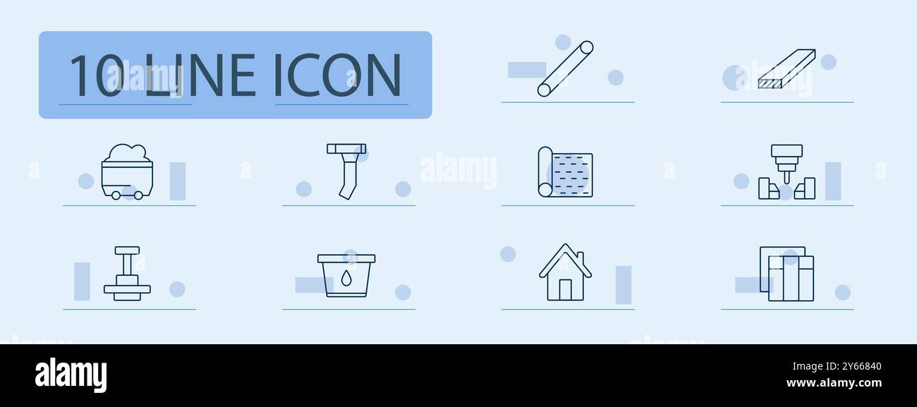 Construction set icon. Mining cart, piping, wood plank, carpet roll ...