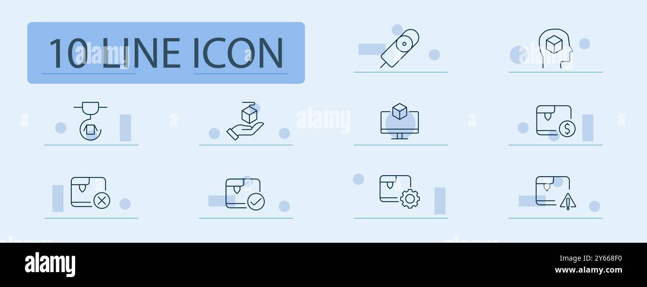 3D printing set icon. 3D model, filament spool, printing machine, CAD ...