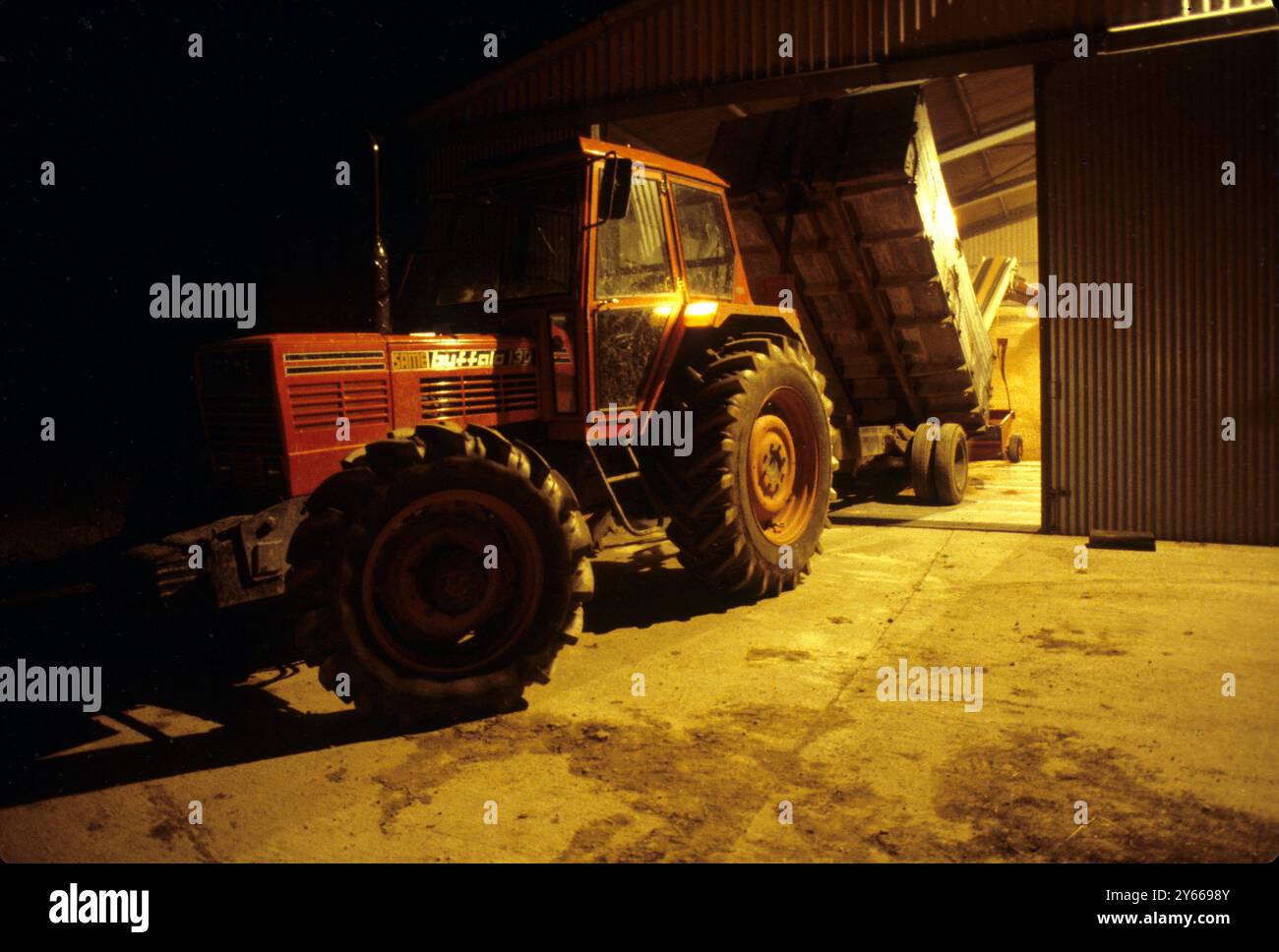 Tipping grain into storage at night using a Buffalo tractor with Fyson ...
