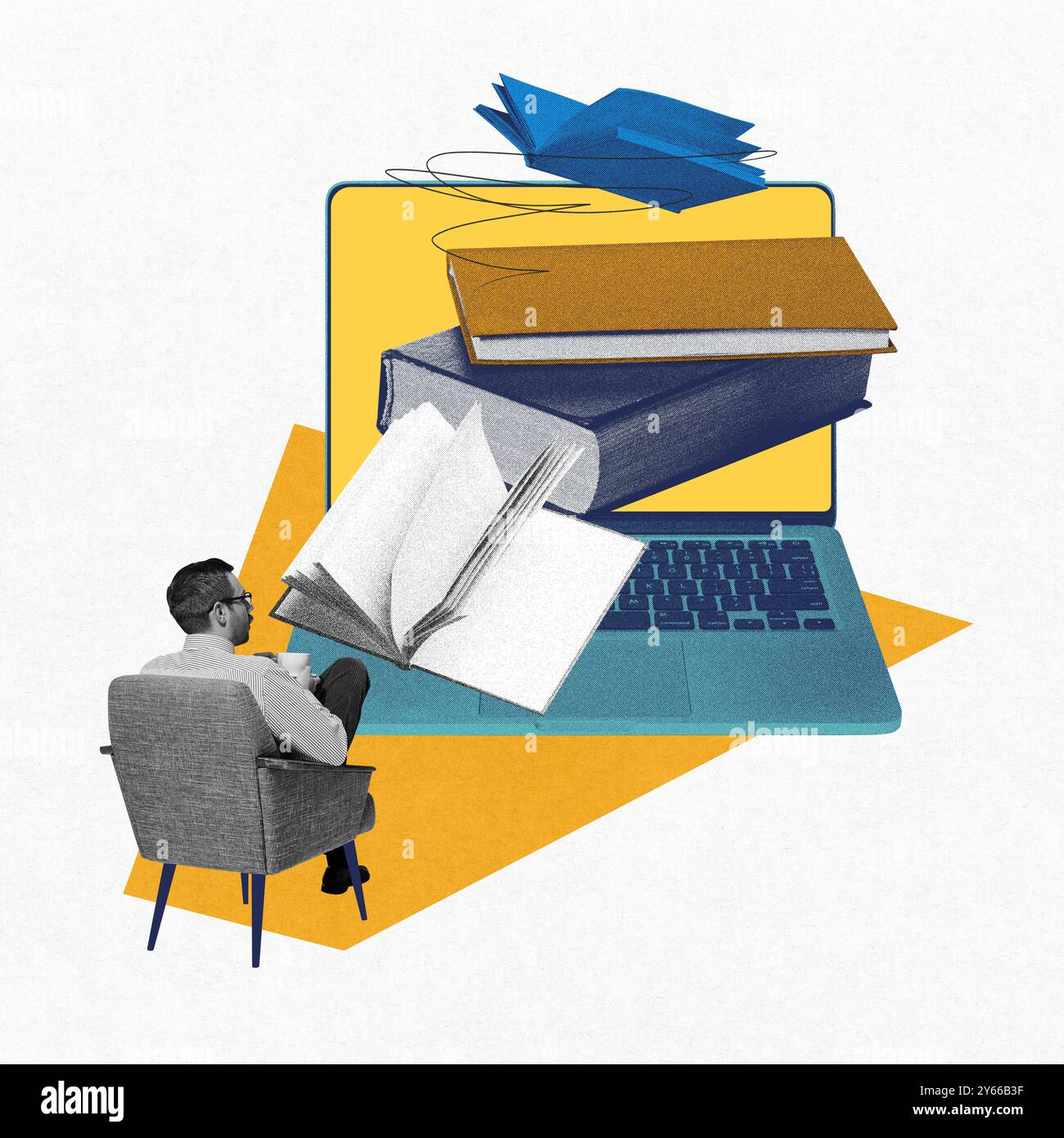 Businessman sitting with cup, facing laptop with floating books ...