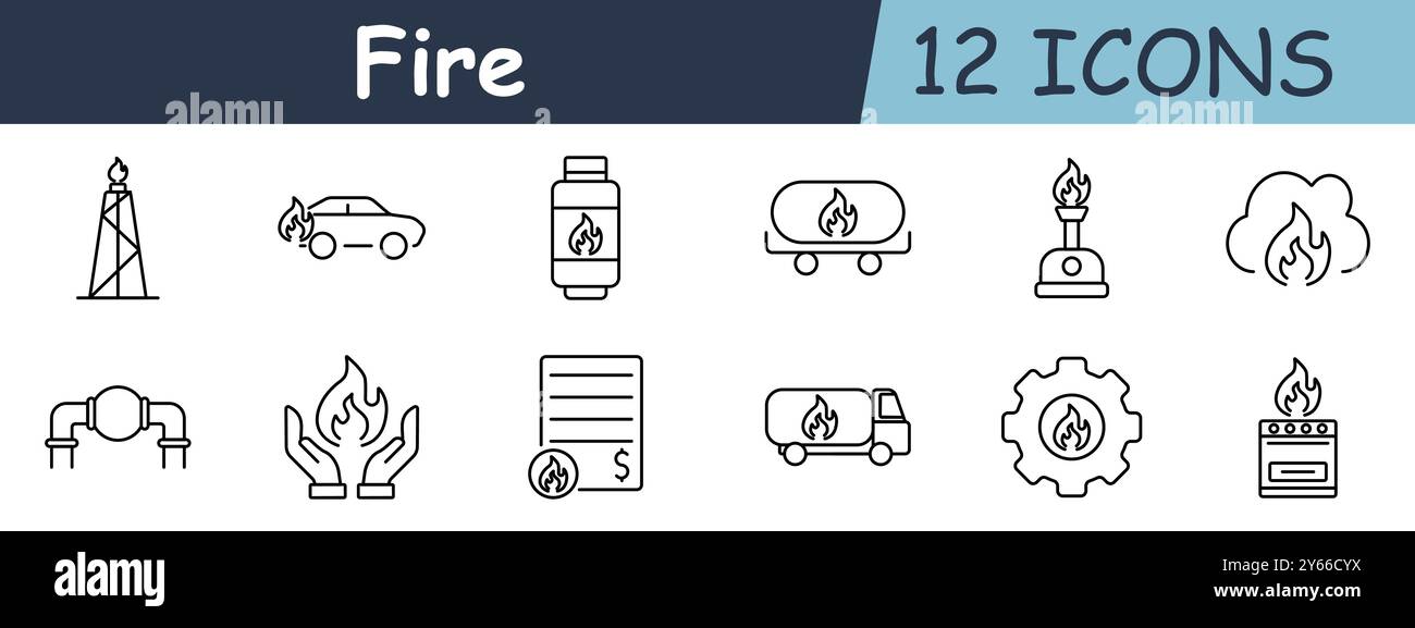 Fire set icon. Oil rig, car, gas tank, Bunsen burner, cloud, pipeline ...