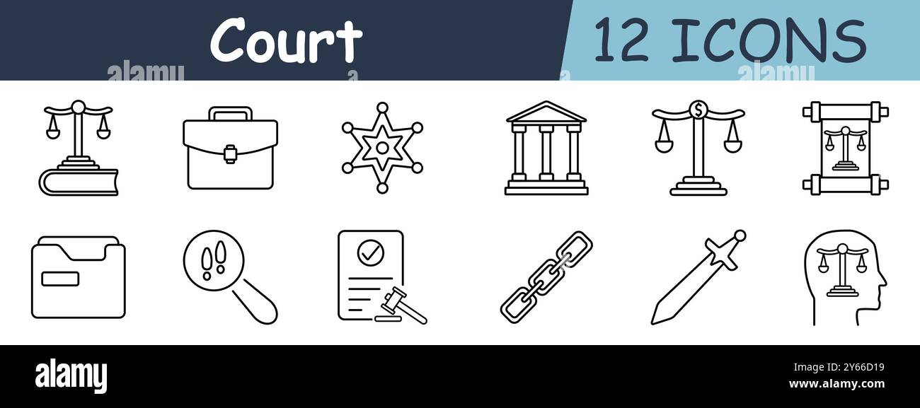 Court set icon. Scales of justice, briefcase, sheriff badge, courthouse ...