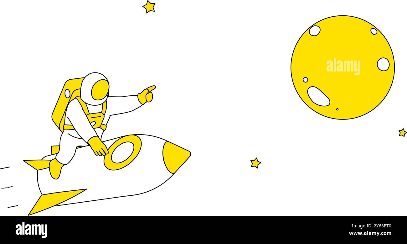 Cute simple line drawing illustration of an astronaut straddling a ...