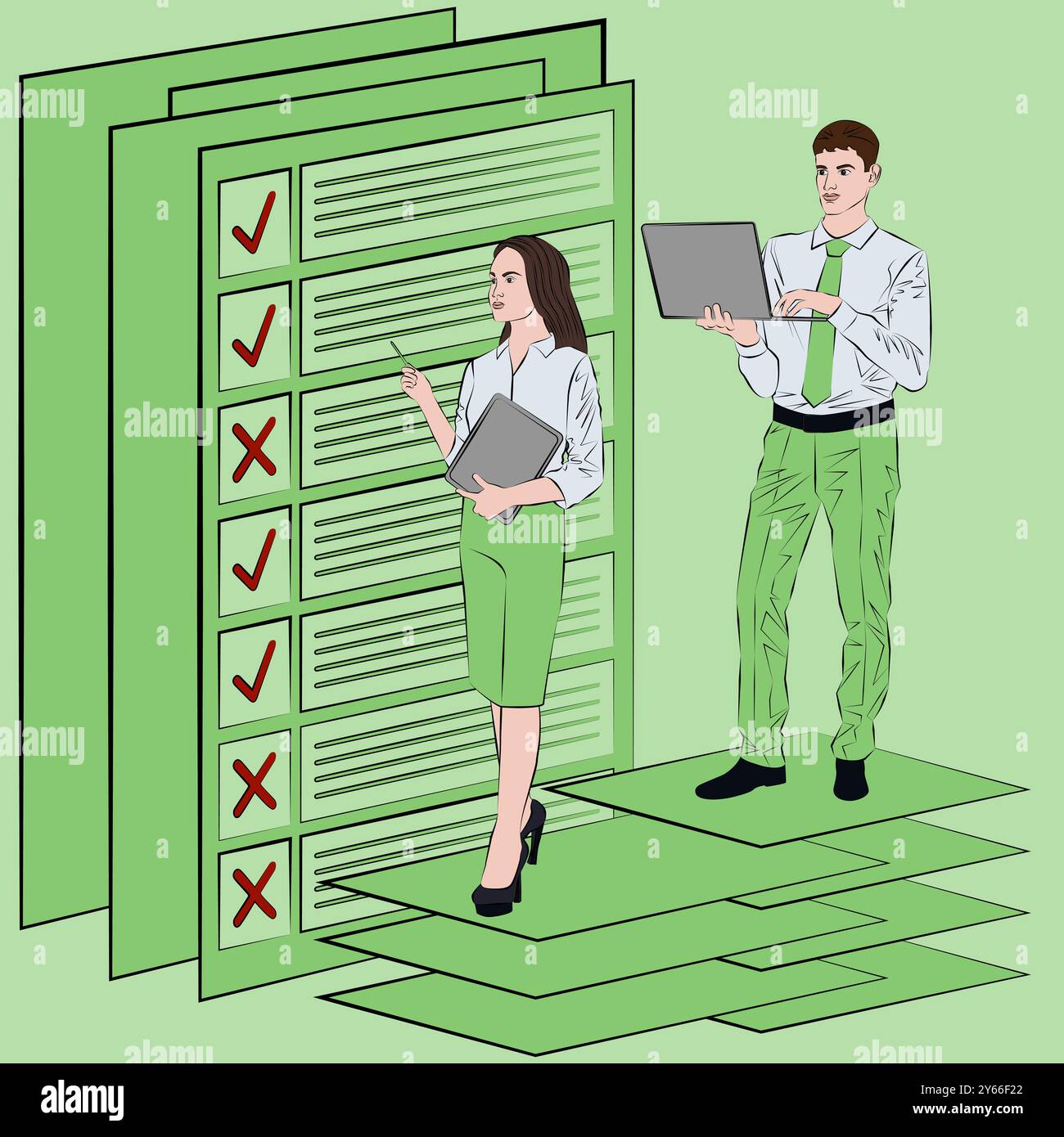 Man and woman study survey results to identify and understand problems ...