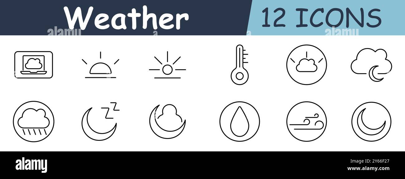 Weather set icon. Cloud, moon, snowflake, star, arrow, lightning ...