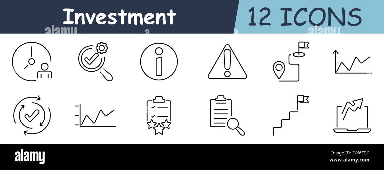 Investment set icon. Clock, gear, checkmark, information, warning ...