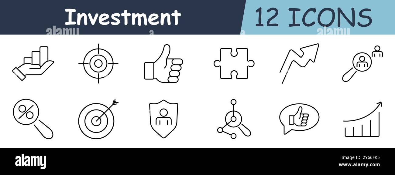 Investment set icon. Hand, chart, target, thumbs up, puzzle, arrow ...