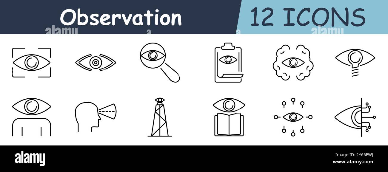 Observation set icon. Eye, magnifier, clipboard, brain, lightbulb, head ...