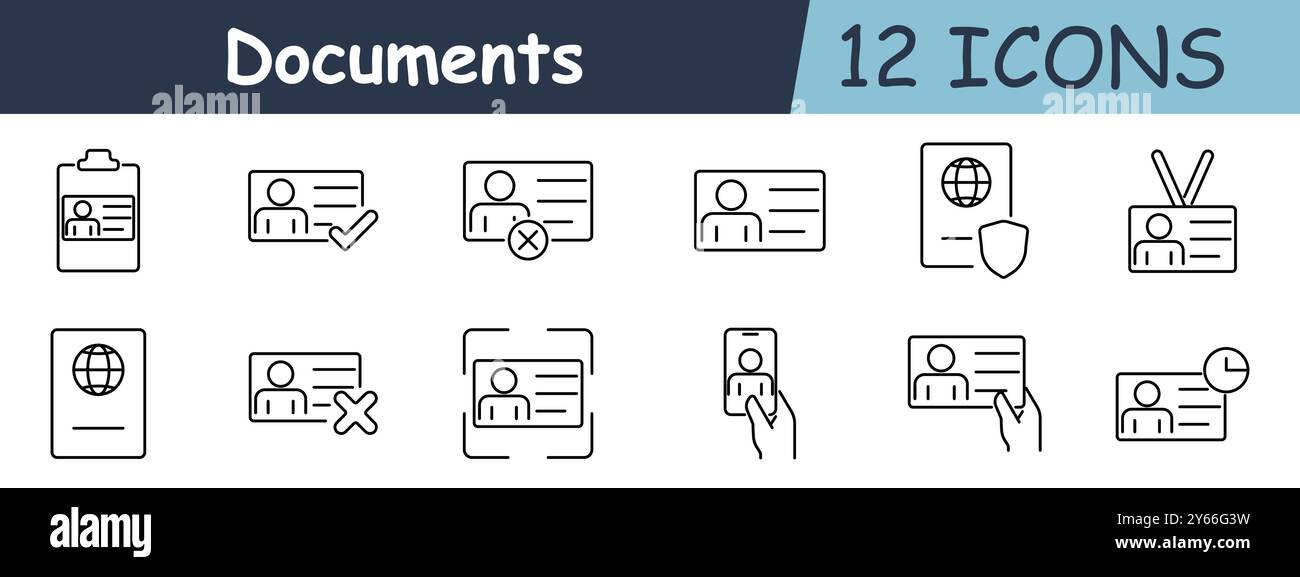 Documents set icon. Clipboard, ID card, passport, verification ...