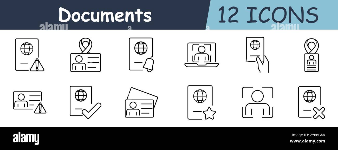 Documents set icon. Passport, ID card, warning, notification, laptop ...