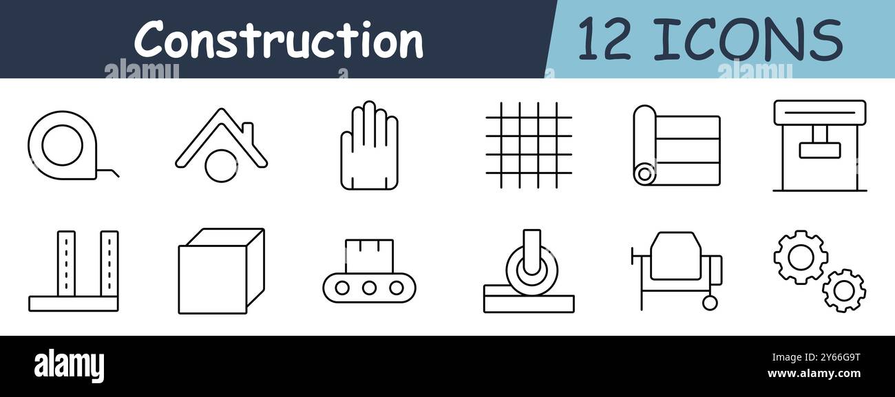 Construction set icon. Wood plank, pipe, bucket, pillar, house ...