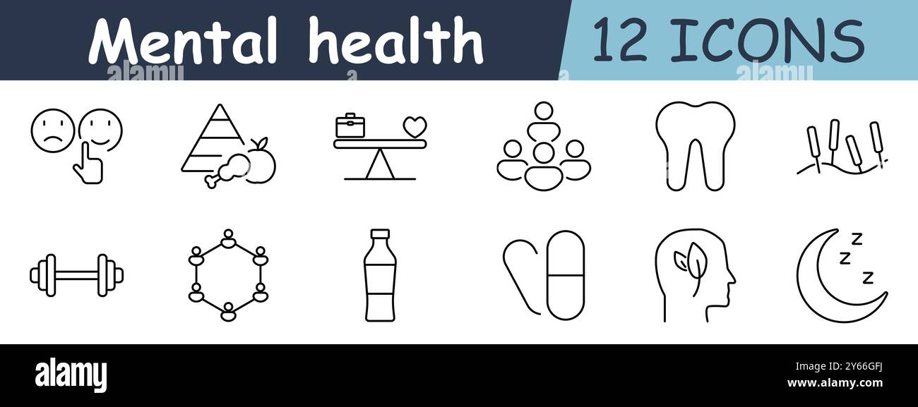 Mental health set icon. Happy face, sad face, pyramid, balance, group ...