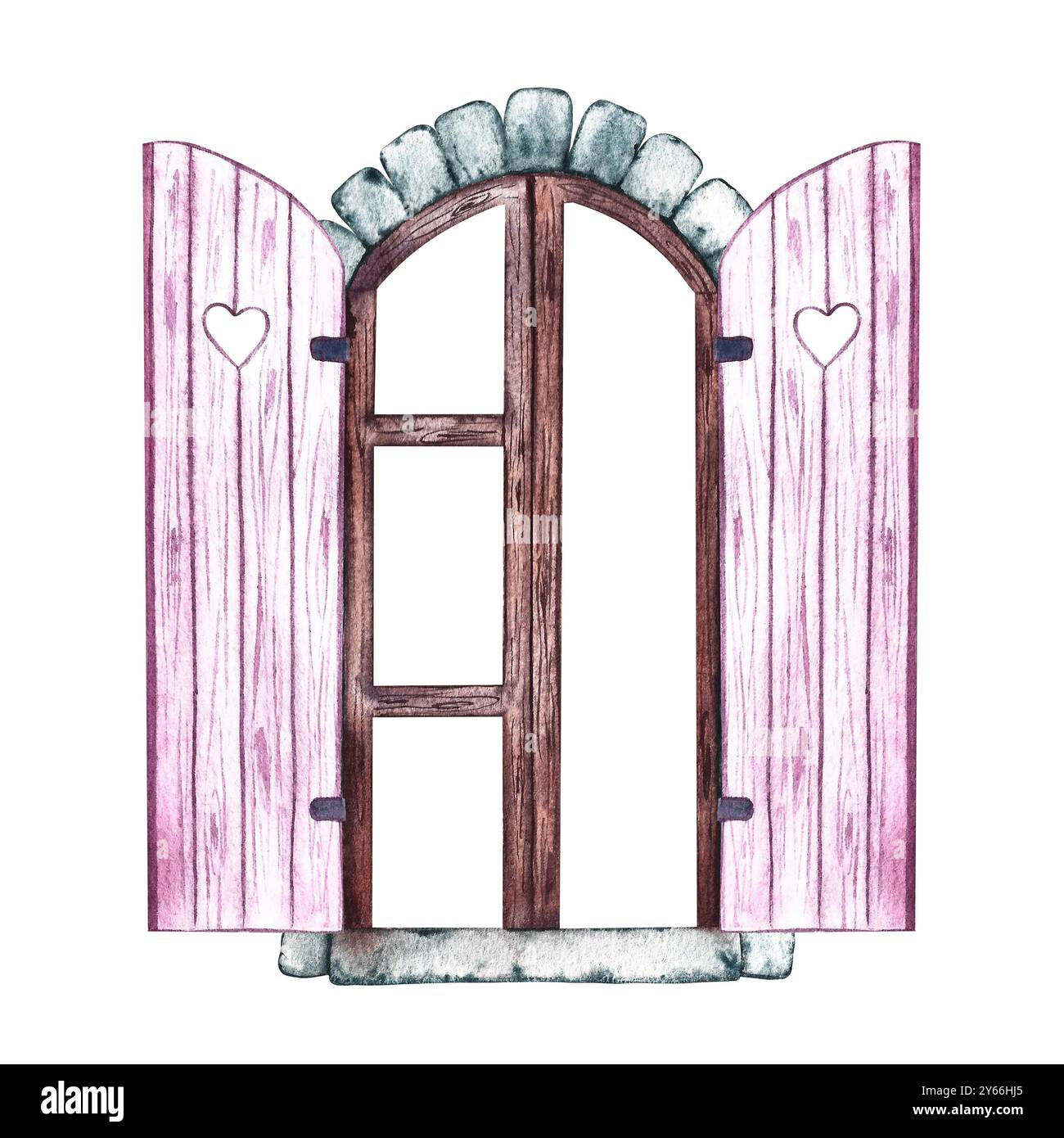 Retro window. An antique arched window without glass with pink shutters ...