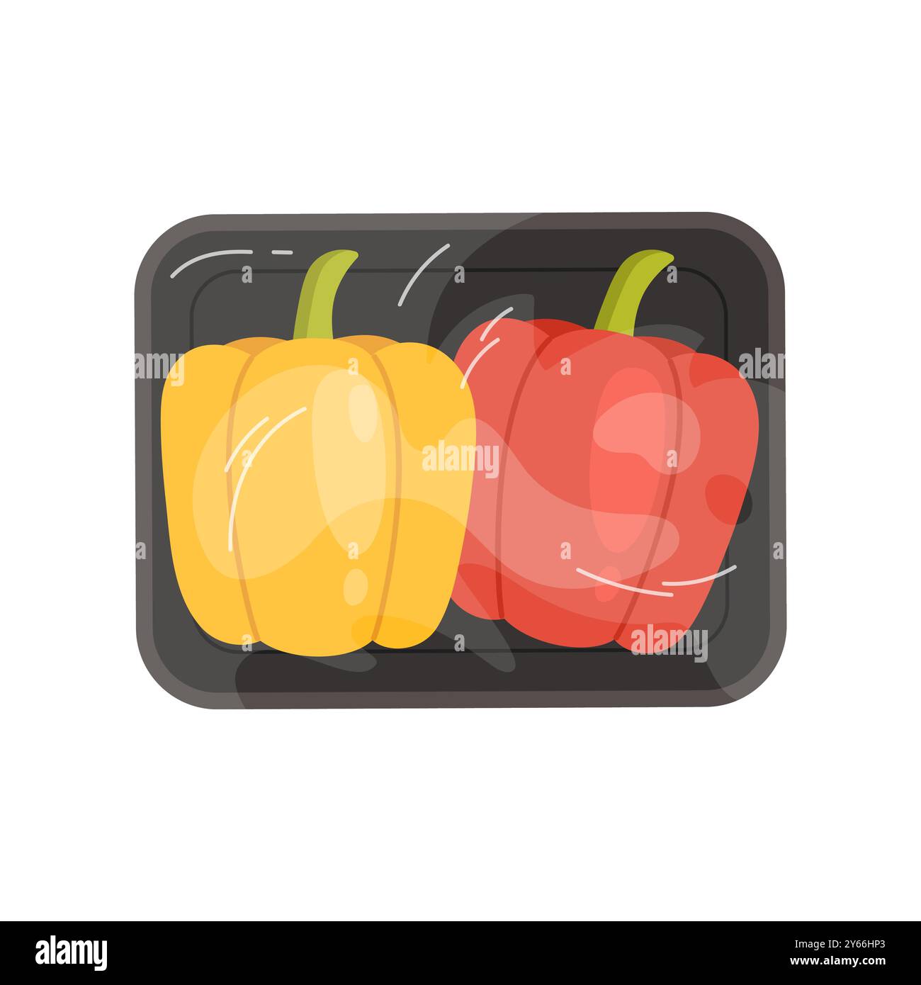 Bell peppers in black plastic tray, top view of styrofoam package with ...