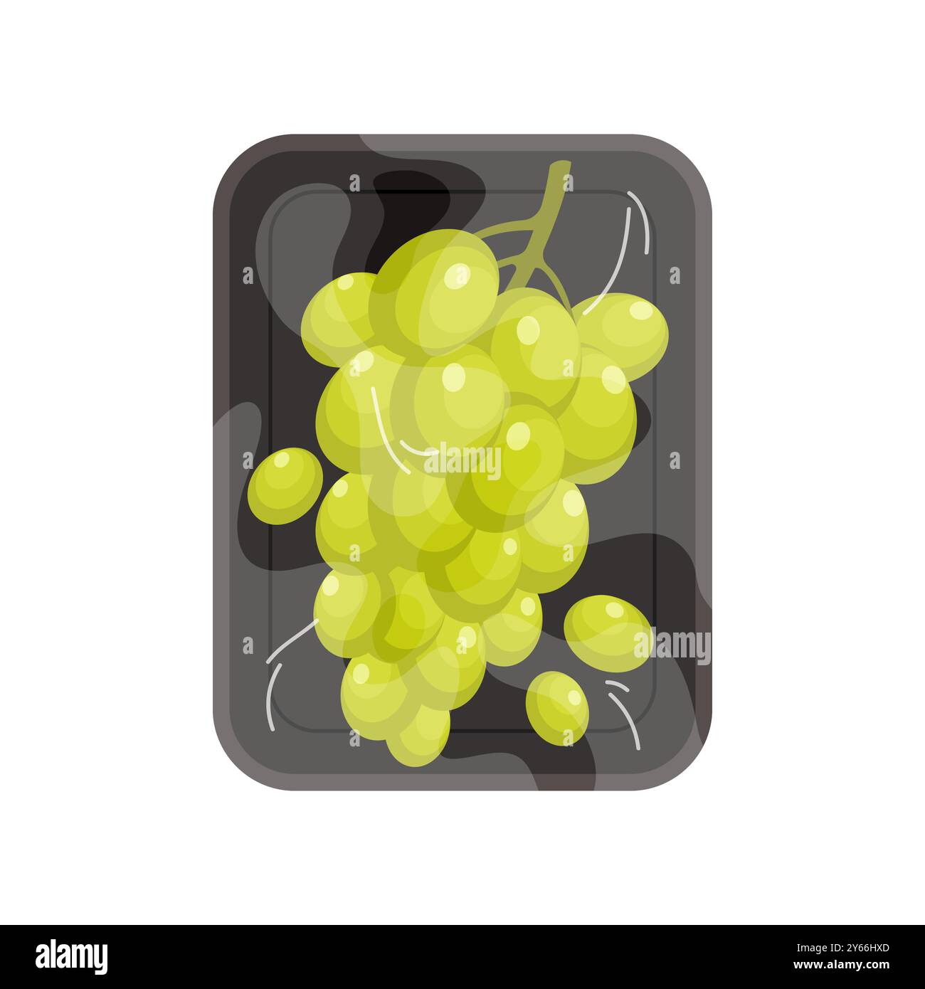Green grape bunch in black plastic tray, top view of styrofoam package ...
