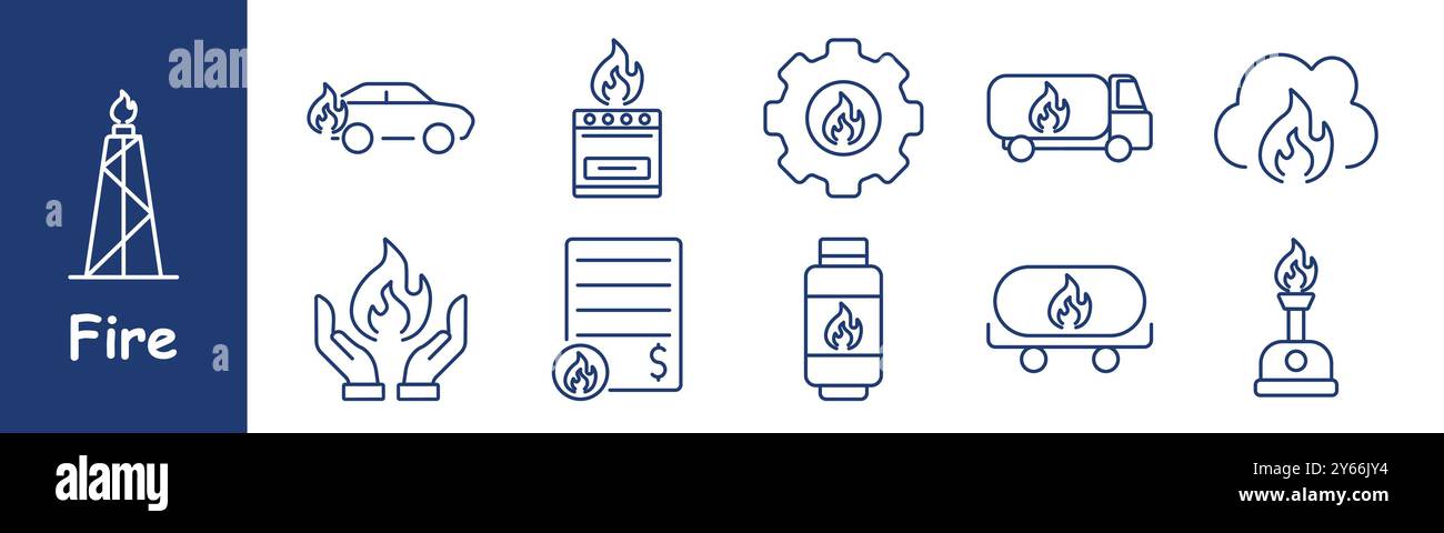 Fire set icon. Burning car, stove on fire, gear with flame, truck ...