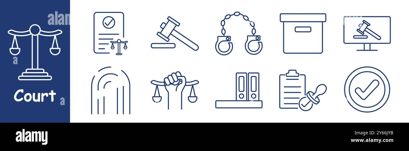 Court set icon. Gavel, scales, handcuffs, document with checkmark ...