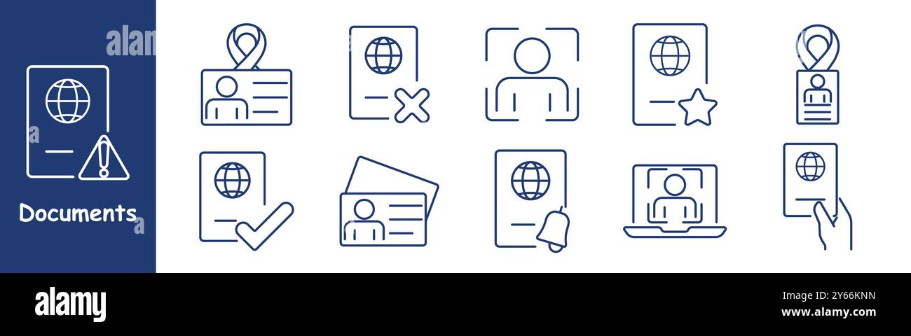 Documents set icon. Passport, ID card, check, warning, expiration ...