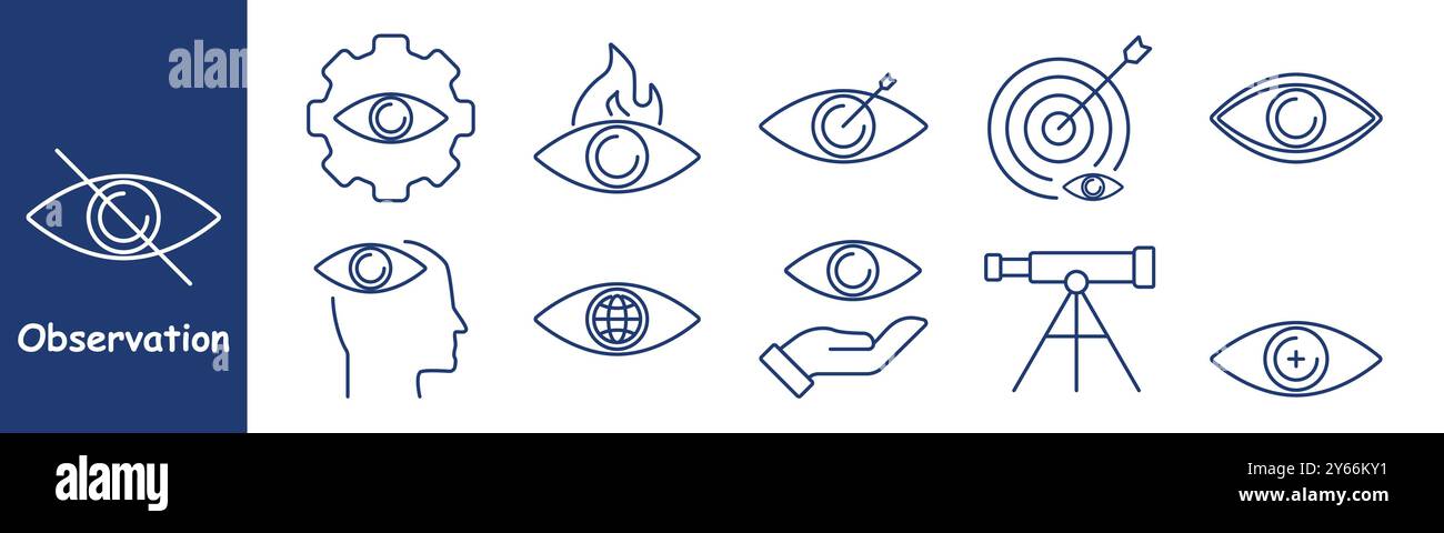 Observation set icon. Eye with gear, eye with flame, telescope, target ...