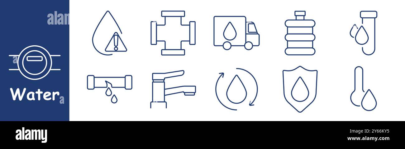 Water set icon. Droplet with warning, pipes, faucet, truck, bottle, lab ...