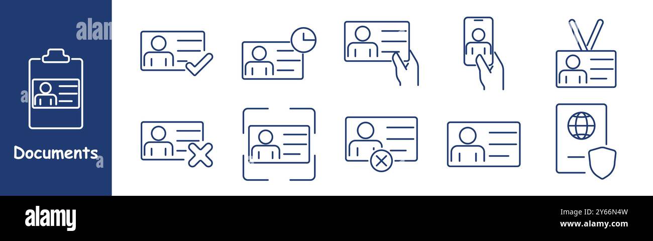 Documents set icon. ID card, verification, time, rejection, approval ...