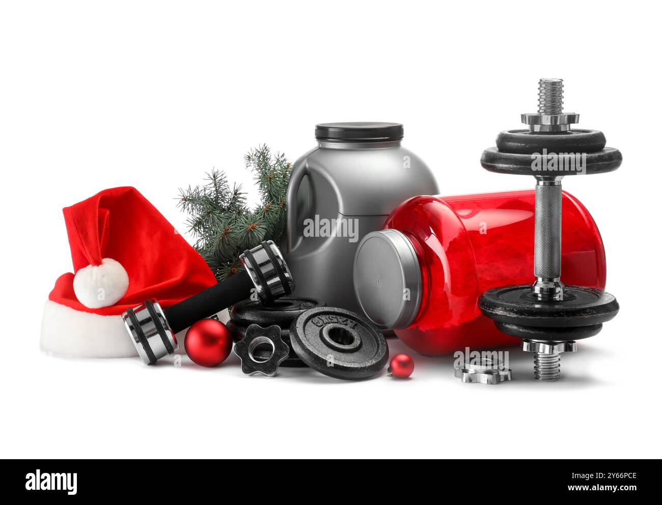 Dumbbells, containers with supplement and Christmas decor isolated on ...