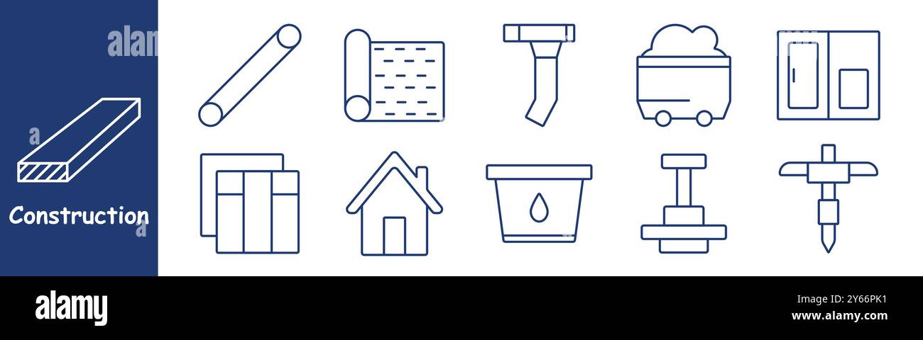 Construction set icon. Beam, blueprint, drainage pipe, mining cart ...