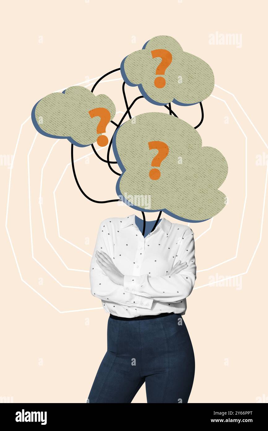 Vertical collage poster young headless woman question mark unsure ...