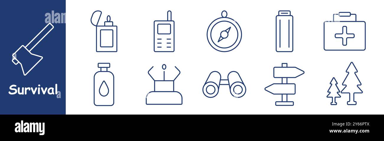 Survival set icon. Lighter, radio, compass, first aid, water bottle ...