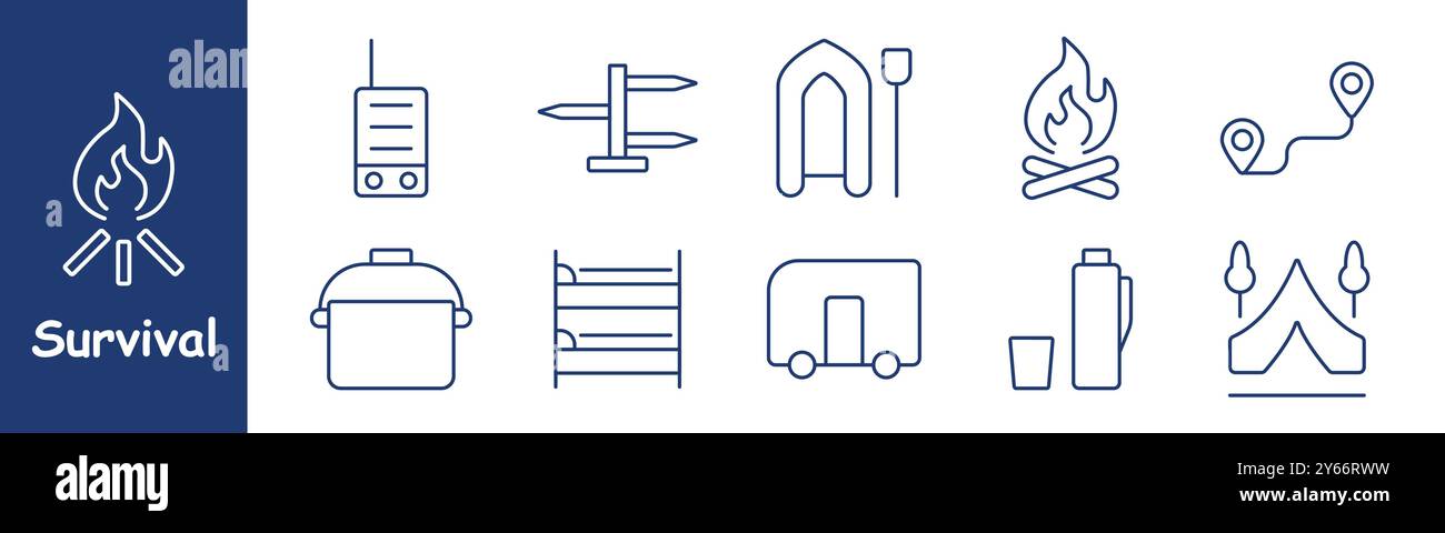 Survival set icon. Radio, direction sign, raft, campfire, route, pot ...