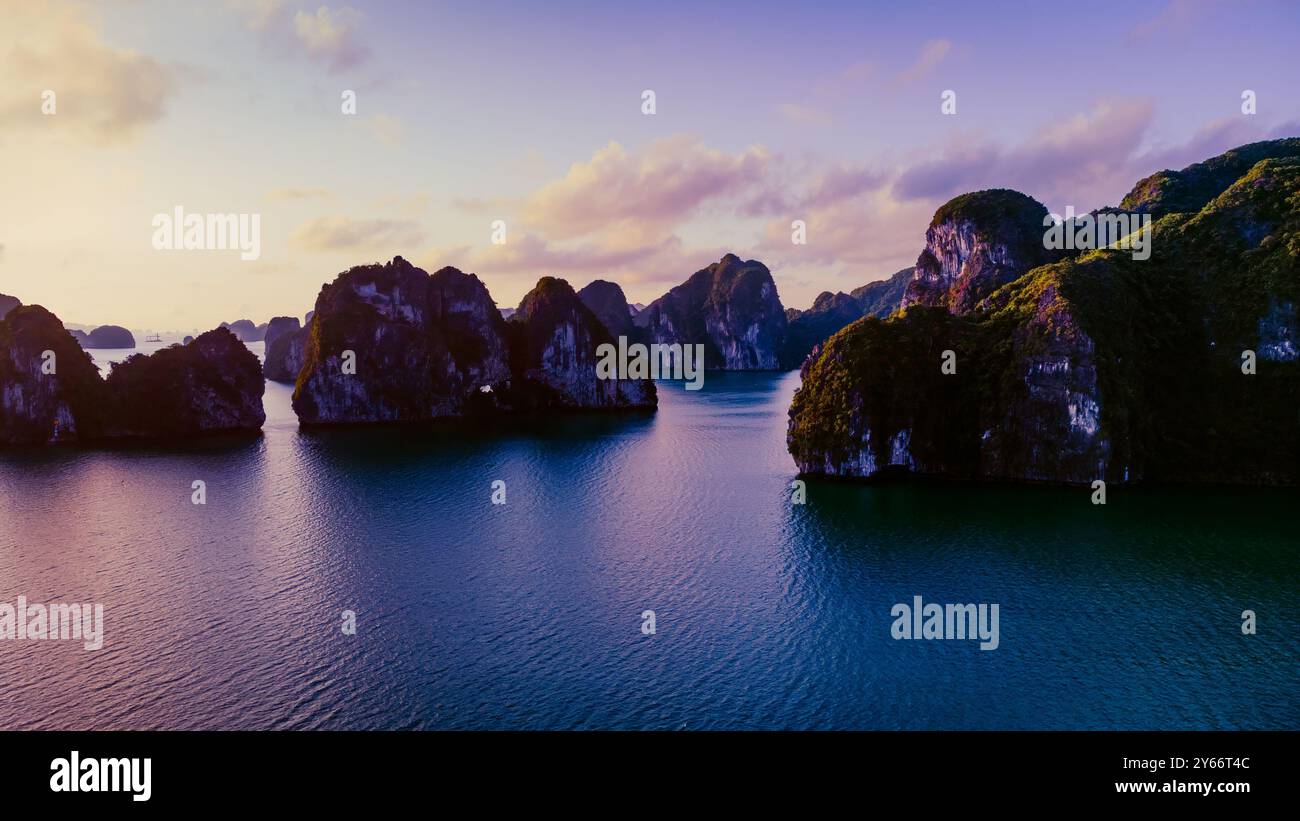 Spectacular aerial sunrise view of Ha Long bay with dramatic sky from ...