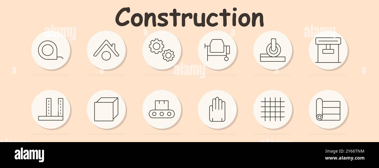Construction set icon. Measuring tape, roof, gears, cement mixer ...