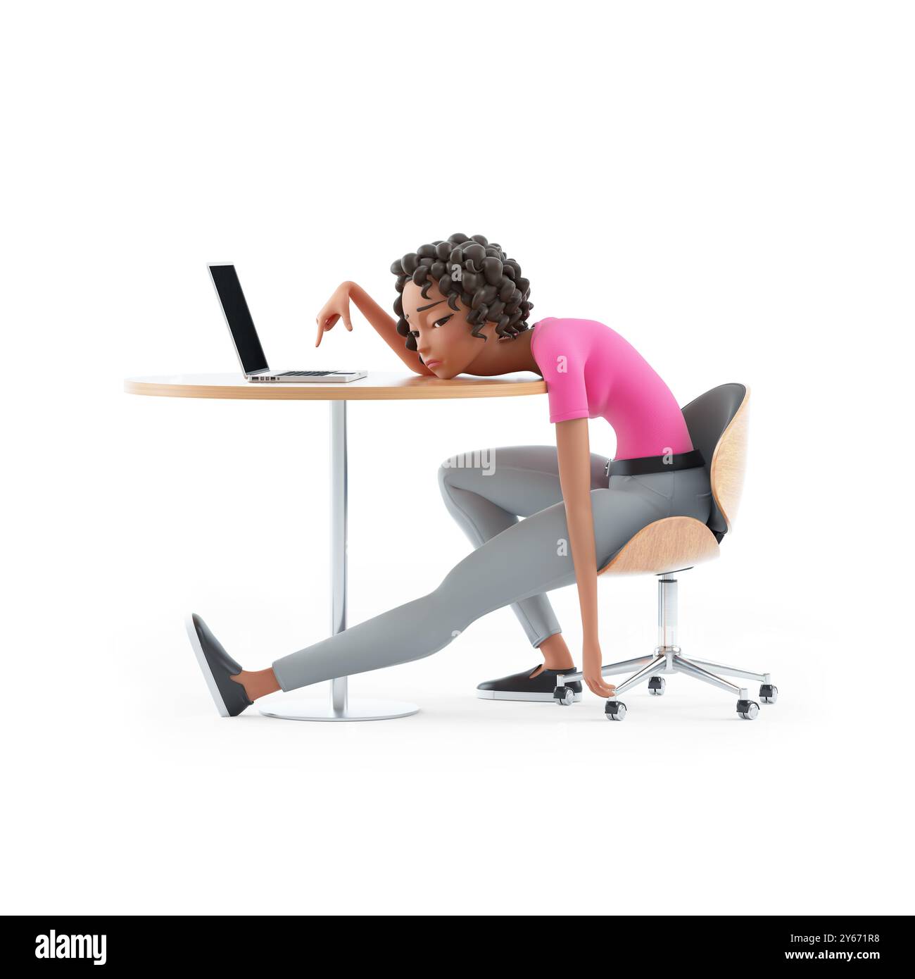 3d exhausted beautiful woman leaning on her desk, illustration isolated ...