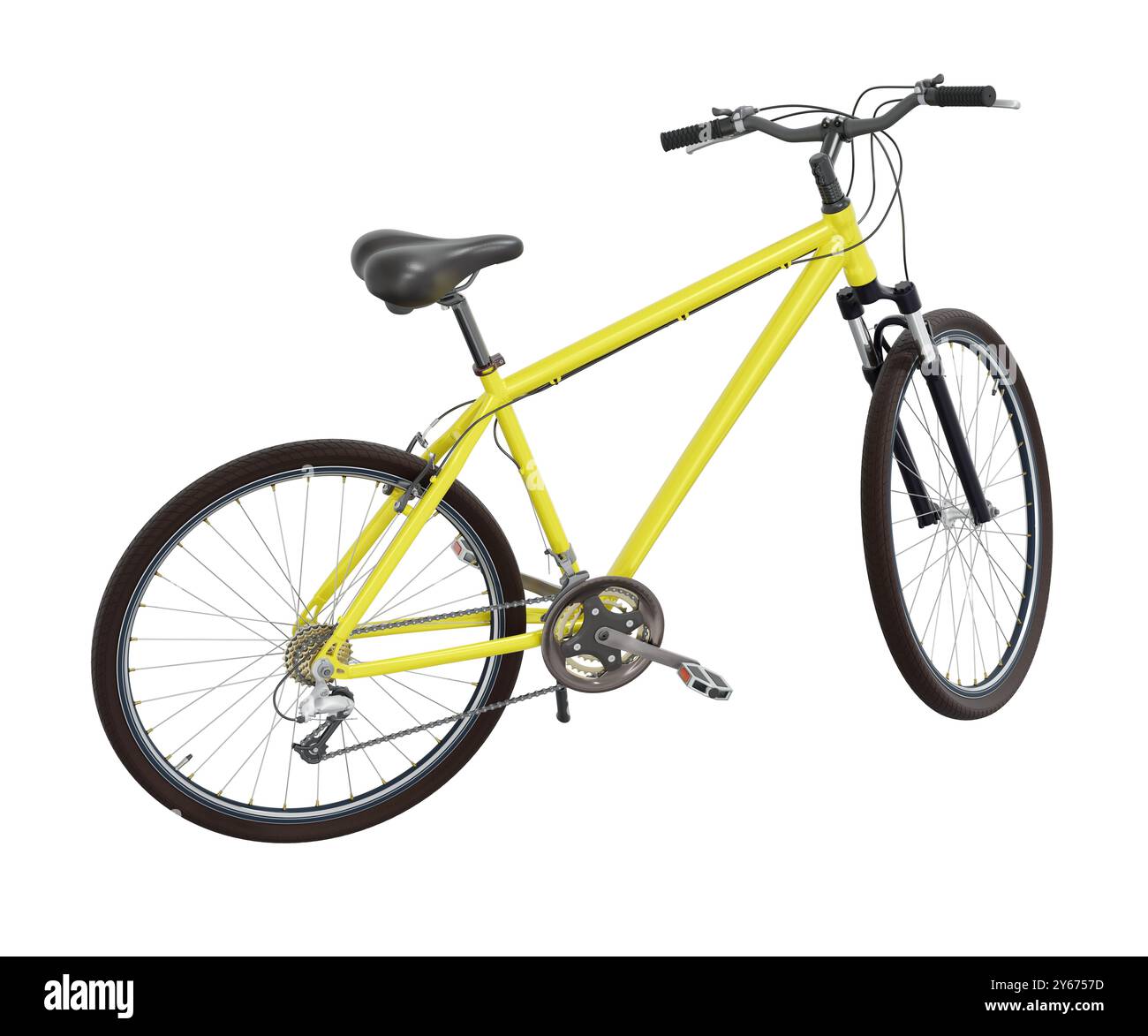 Yellow bicycle standing on kickstand, side view isolated on white ...
