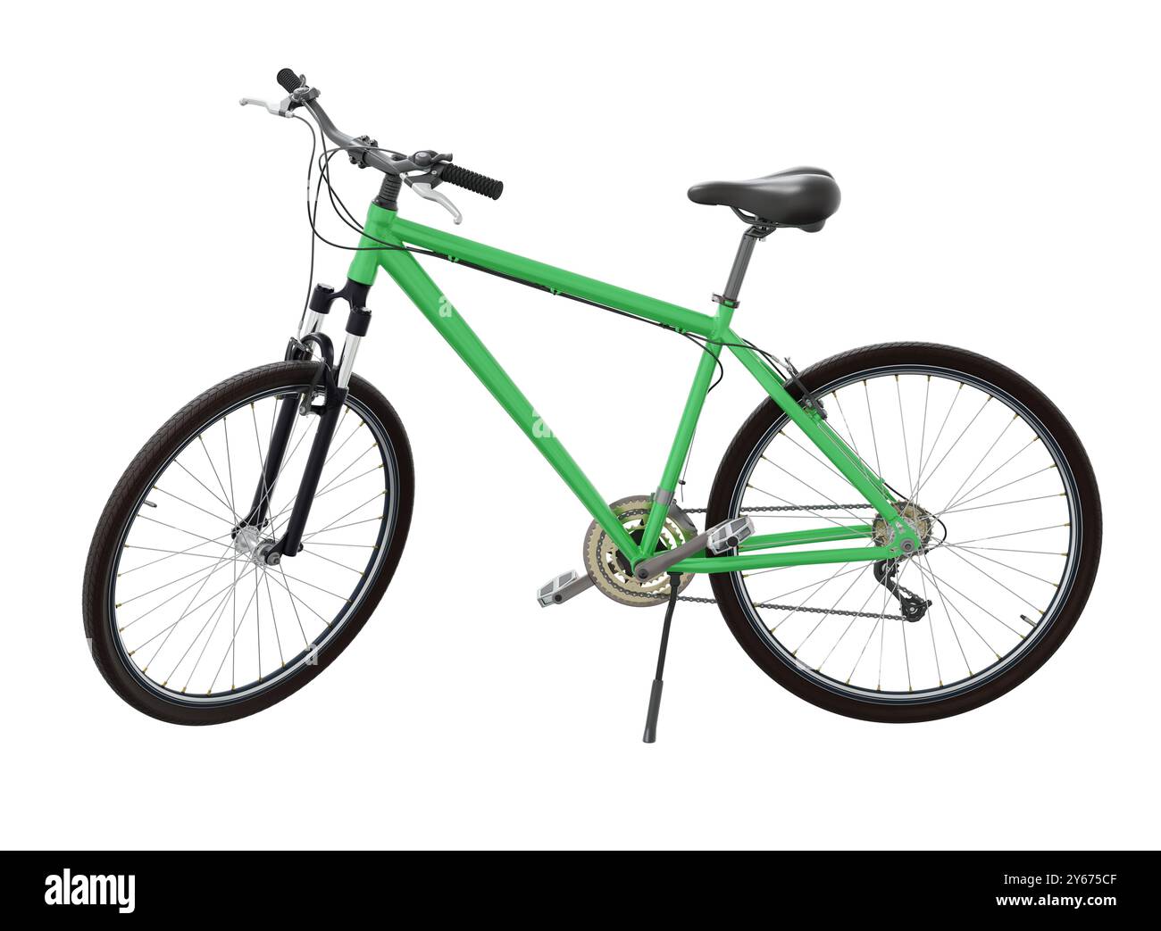 Green bicycle standing on kickstand, side view isolated on white ...