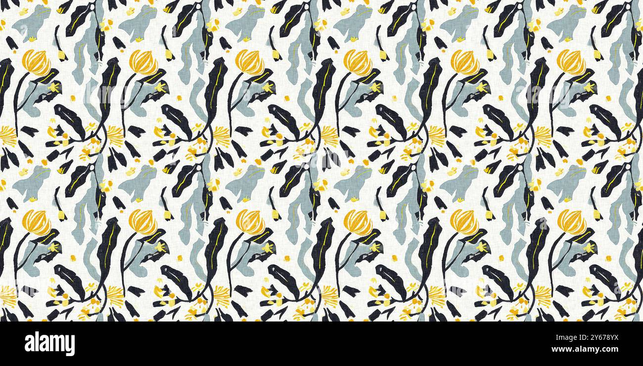 Modern printed fabric flower block print pattern with linen texture ...