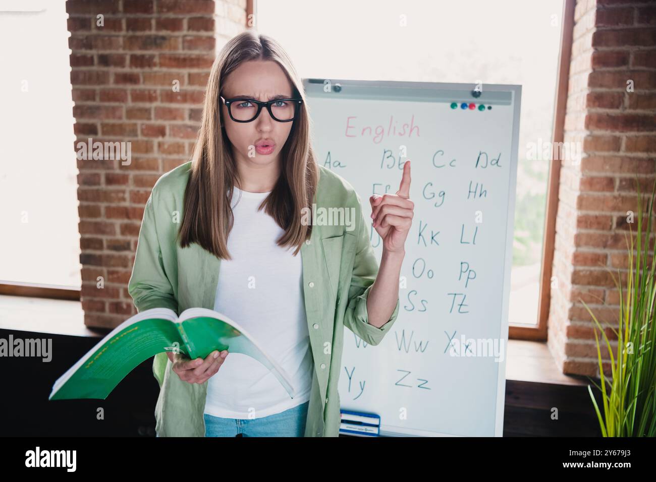 Photo of strict angry lady teacher dressed shirt teaching you english ...