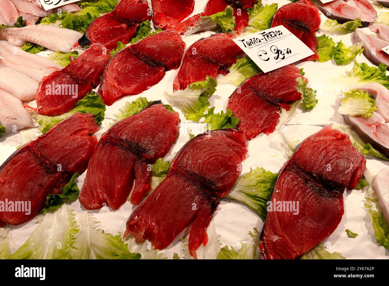Tuna fish (Tonno) steaks on display at The Rialto Fish Market in the ...