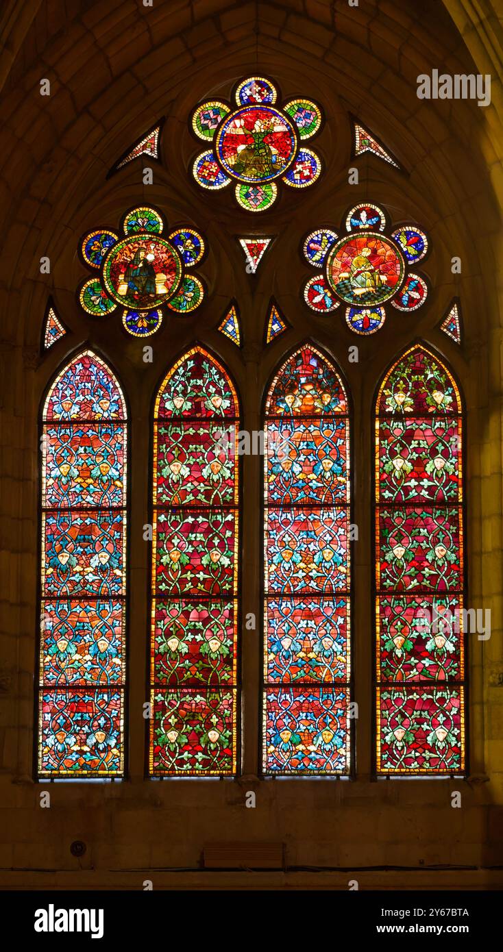 Interior view of one of the stained glass arch windows in a chapel in ...