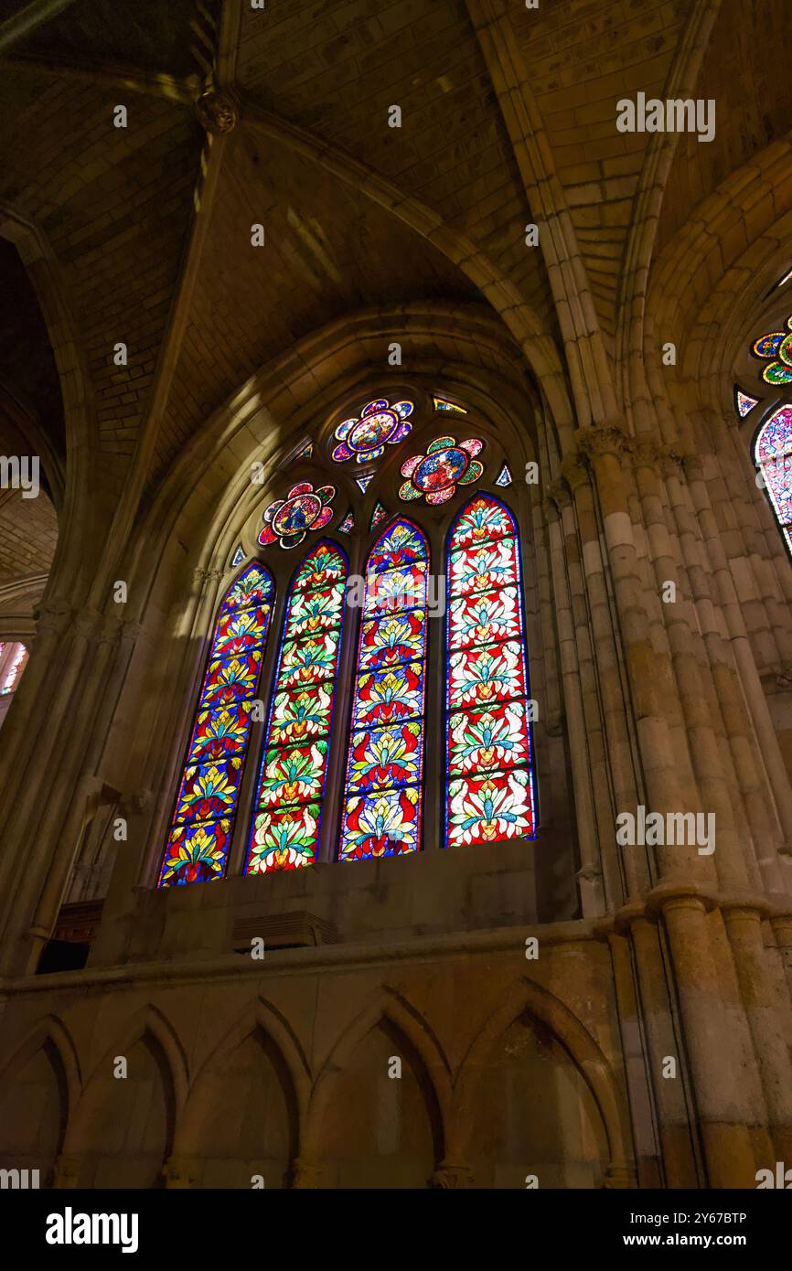 Interior view of one of the stained glass arch windows in a chapel in ...