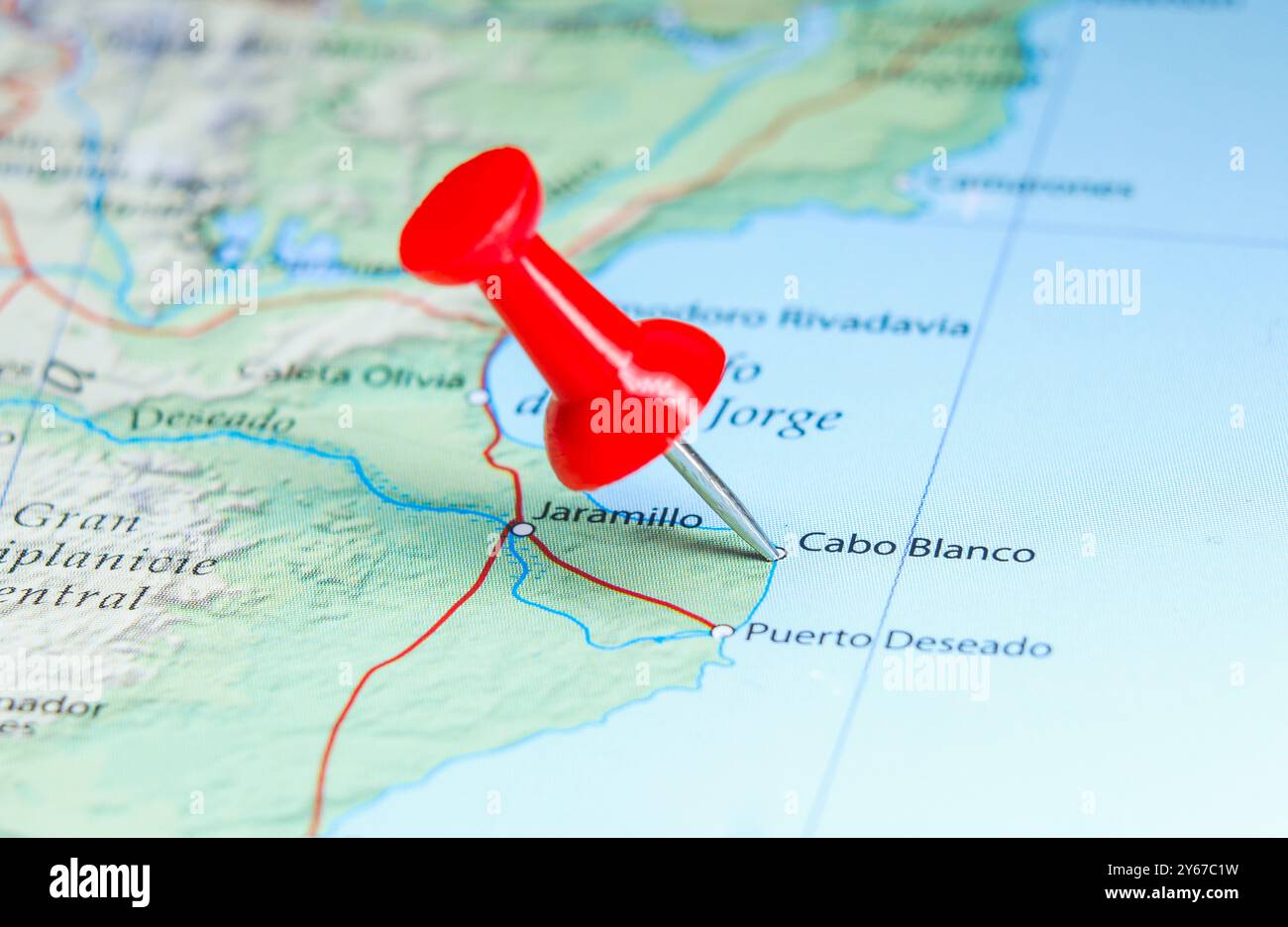 Cabo Blanco, Argentina pin on map Stock Photo - Alamy