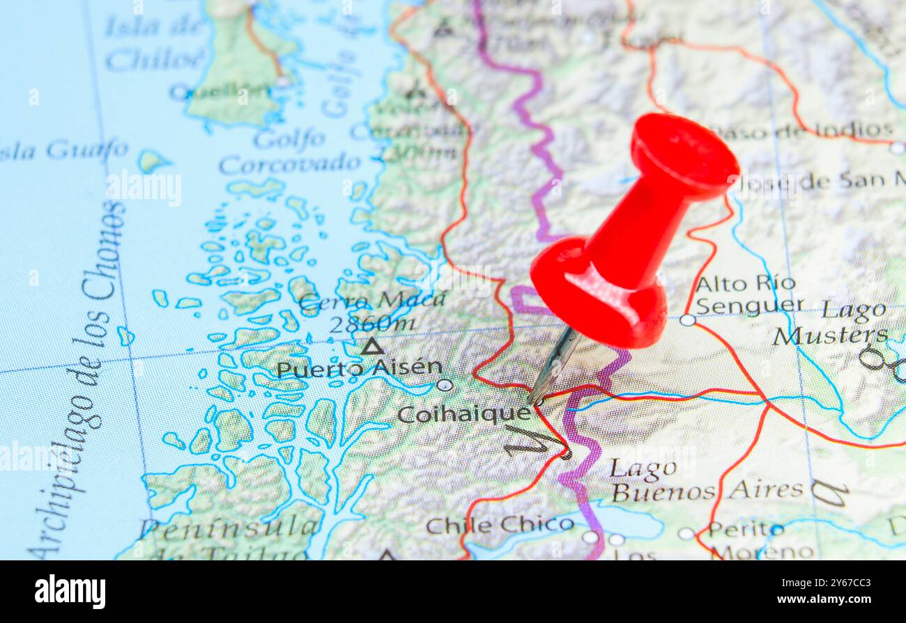 Coihaique, Chile pin on map Stock Photo - Alamy