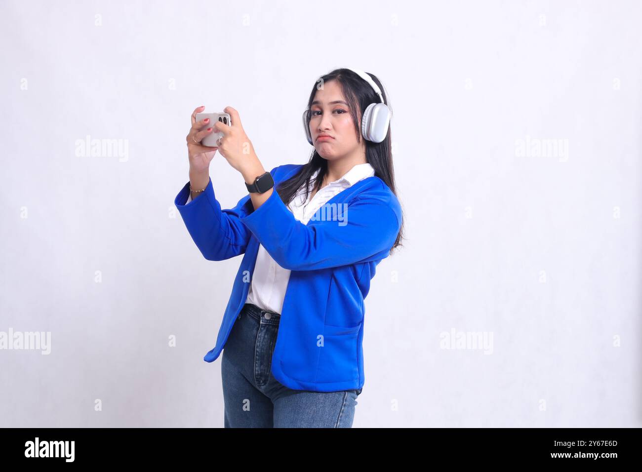 beautiful office girl wearing blue formal suit standing slanted right ...