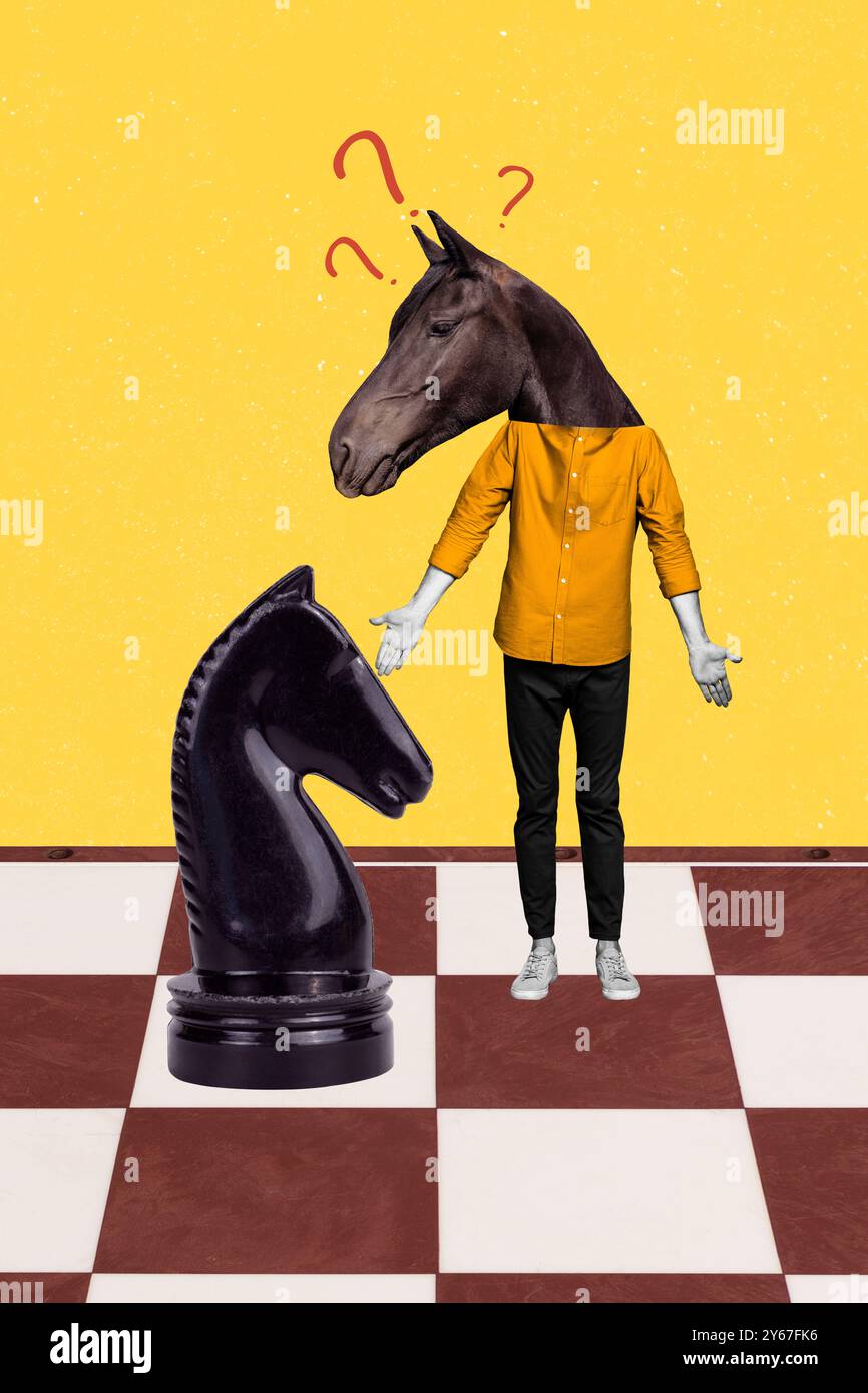Vertical collage headless person body fragment chess player board game ...