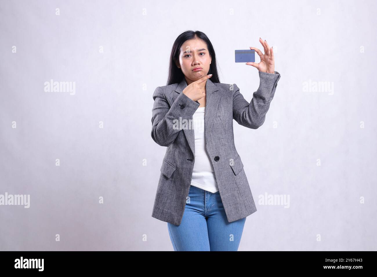 gesture young office girl asia sad pointing and holding debit credit ...
