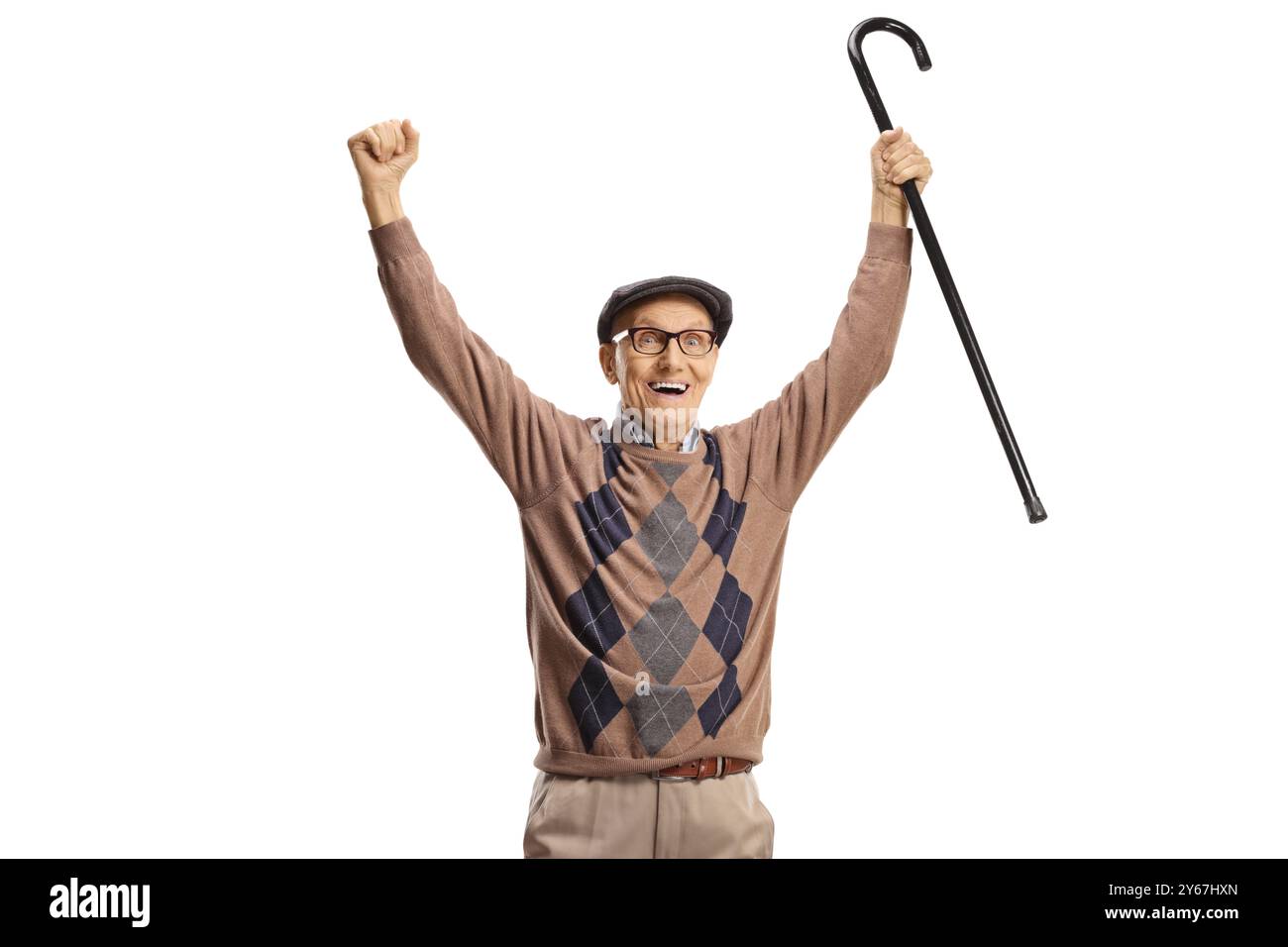 Happy elderly man raising hands up and holding a walking cane isolated ...
