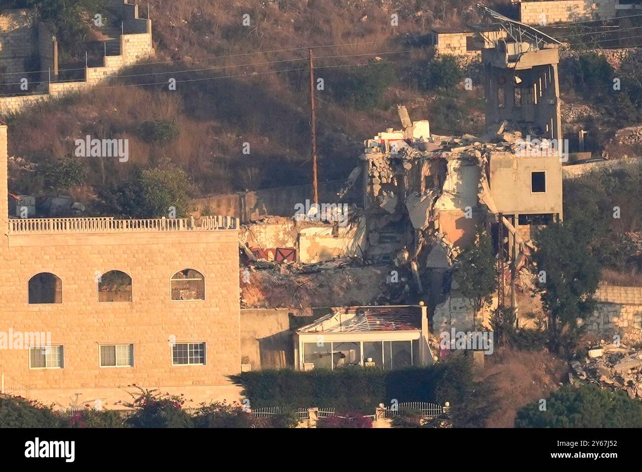 A destroyed house by an Israeli airstrike on Khiam village, as seen ...