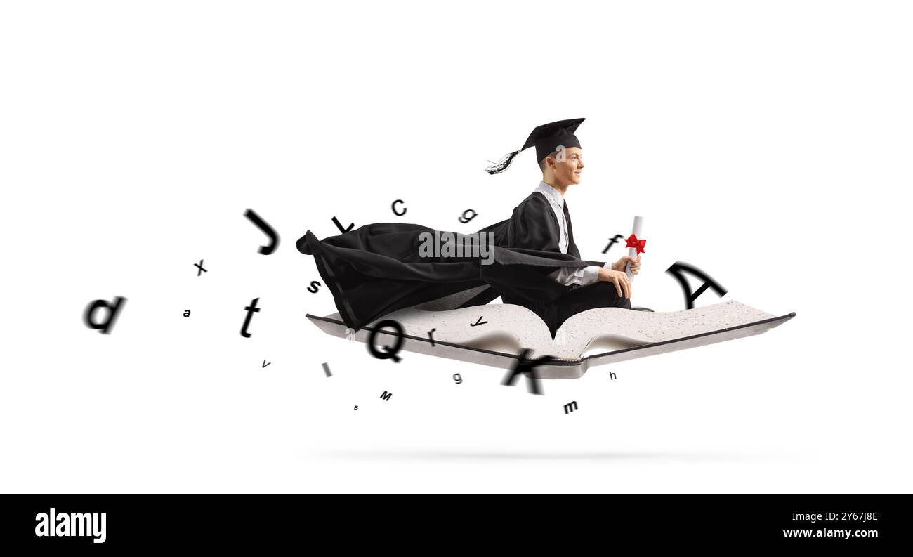 Male graduate student sitting on a book with letters and flying ...