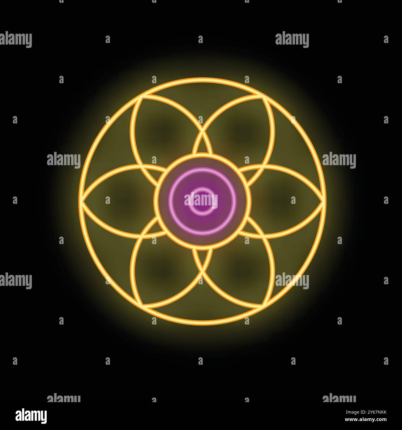 Glowing neon light sign of a round sacred geometry flower of life ...